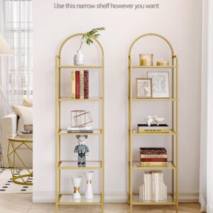 Hzuaneri Bookcase Bookshelf, Tempered Glass Bookshelves, Slim Shelving Unit for Bedroom, Bathroom, Home Office, Steel Frame, 6 Tier Gold BC10601G