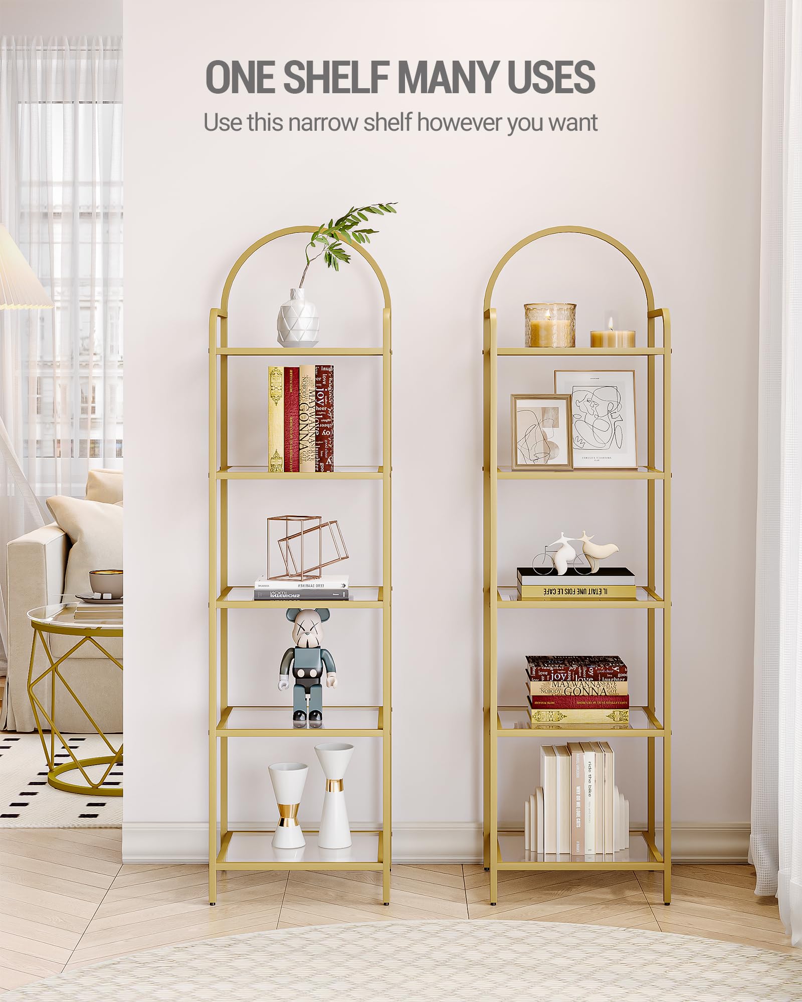 Hzuaneri Bookcase Bookshelf, Tempered Glass Bookshelves, Slim Shelving Unit for Bedroom, Bathroom, Home Office, Steel Frame, 6 Tier Gold BC10601G