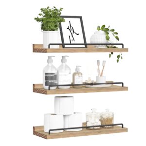 ryofobetto floating shelves for wall decor, light brown wood shelves for bathroom, living room, bedroom, picture frames, plants, kitchen (set of 3)