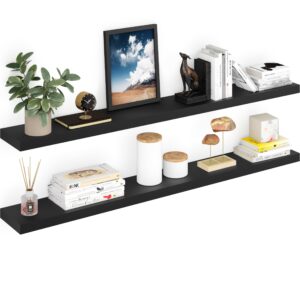 ballucci floating shelves for wall, 60" wood wall shelf set of 2, with invisible brackets for bathroom, living room, bedroom, kitchen, nursery, 8" deep, black