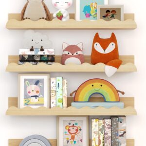 Kids' Bookshelf Set of 4 - Wood Floating Nursery Book Shelves, Picture Ledge Shelf for Wall Decor and Storage - Perfect for Books, Toys, Photo Frames, and Nursery Décor