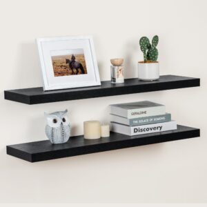 floating shelves black 36 inch long, 9" deep floating shelf wall mounted, rustic deep bookshelf, large display storage shelves for bathroom, bedroom, kitchen, 36"w x 9"d x 1.5"h, set of 2