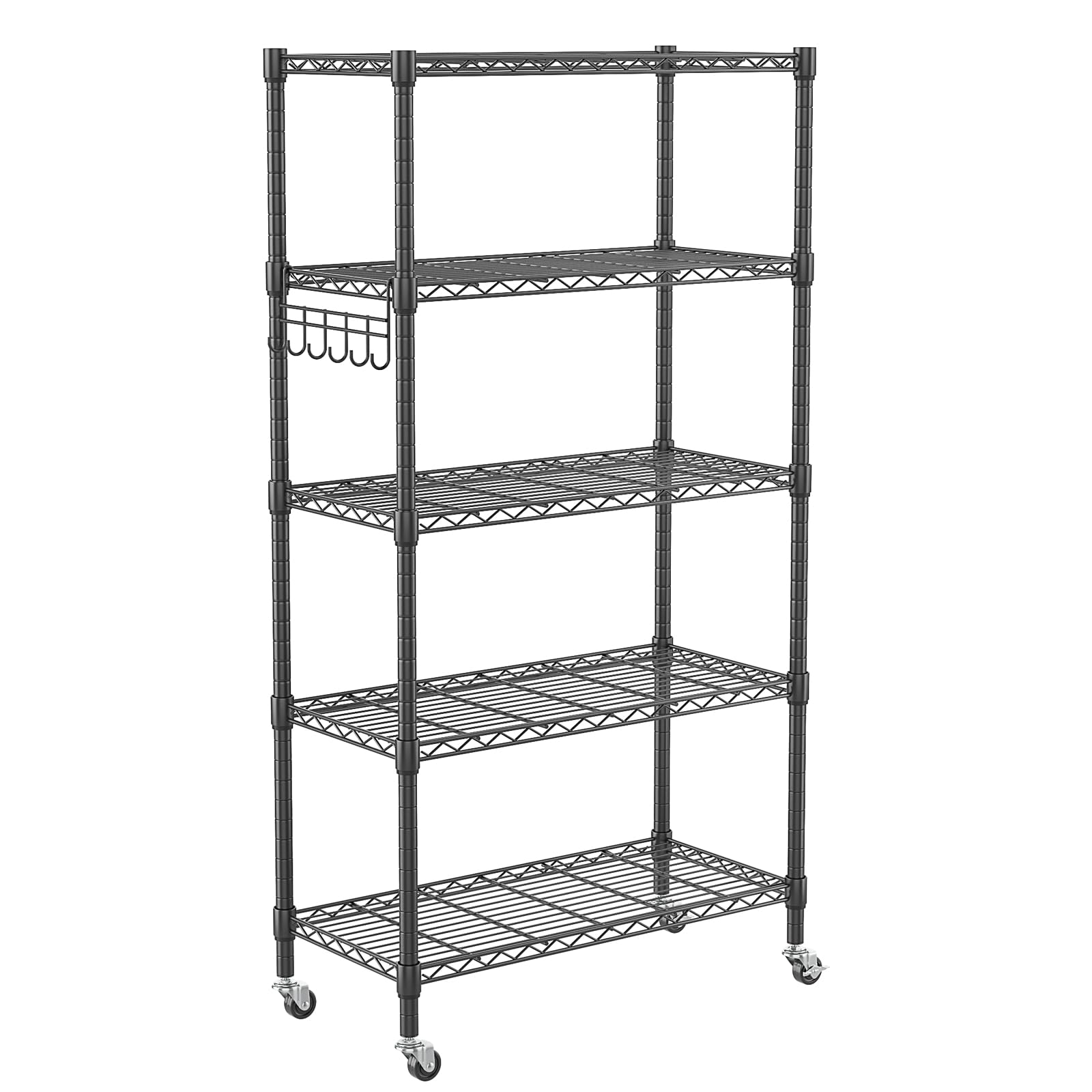 Homdox 5 Tier Metal Storage Shelves with Wheels, Heavy Duty Wire Shelving Unit, Adjustable Storage Racks with Side Hooks for Bathroom Kitchen Garage Pantry Organization, Black