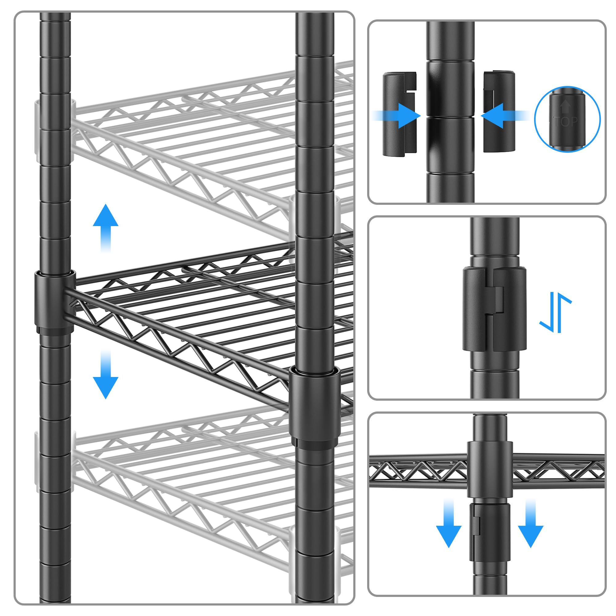 Homdox 5 Tier Metal Storage Shelves with Wheels, Heavy Duty Wire Shelving Unit, Adjustable Storage Racks with Side Hooks for Bathroom Kitchen Garage Pantry Organization, Black