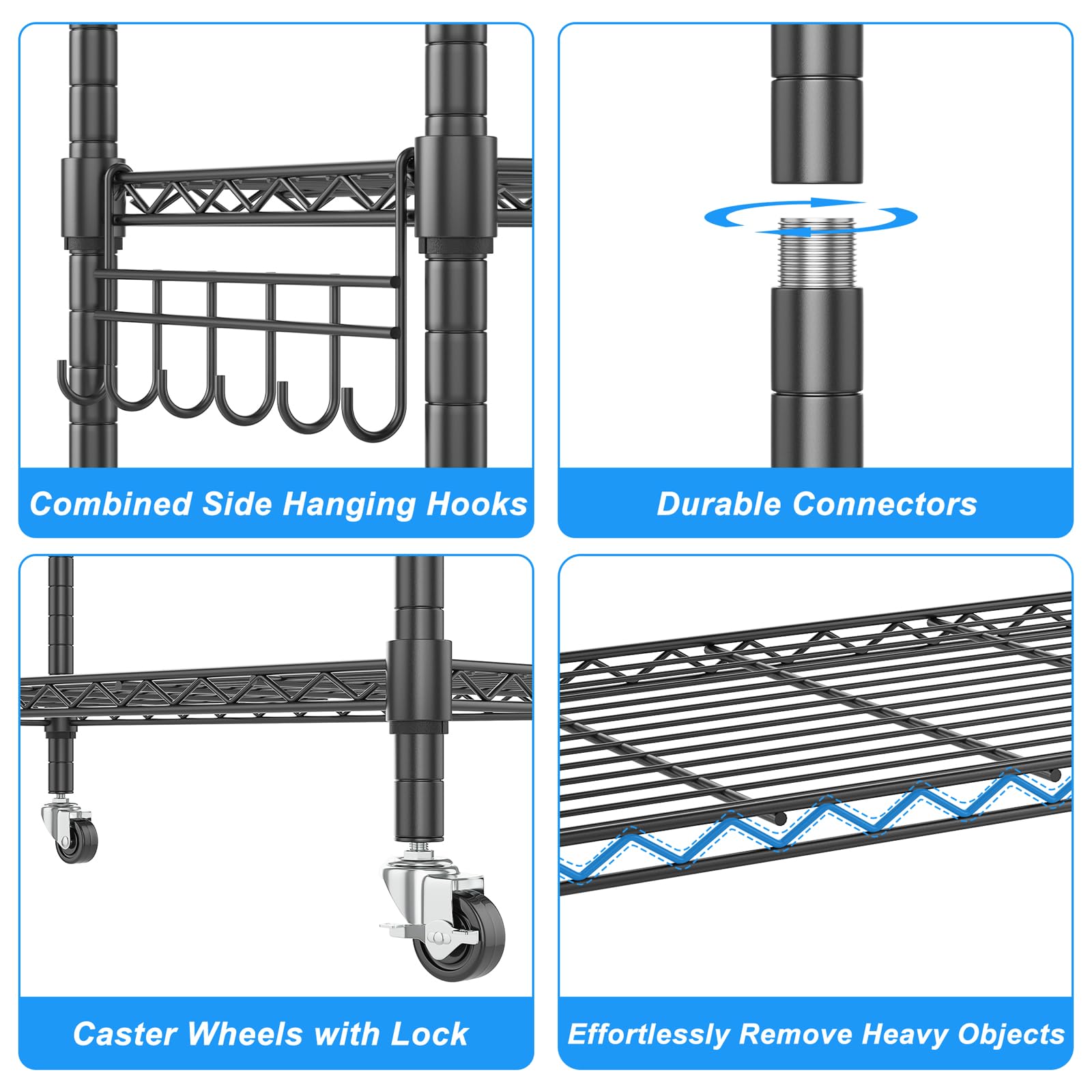 Homdox 5 Tier Metal Storage Shelves with Wheels, Heavy Duty Wire Shelving Unit, Adjustable Storage Racks with Side Hooks for Bathroom Kitchen Garage Pantry Organization, Black