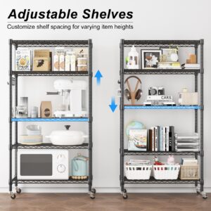 Homdox 5 Tier Metal Storage Shelves with Wheels, Heavy Duty Wire Shelving Unit, Adjustable Storage Racks with Side Hooks for Bathroom Kitchen Garage Pantry Organization, Black