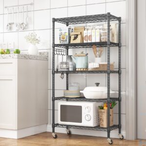 Homdox 5 Tier Metal Storage Shelves with Wheels, Heavy Duty Wire Shelving Unit, Adjustable Storage Racks with Side Hooks for Bathroom Kitchen Garage Pantry Organization, Black