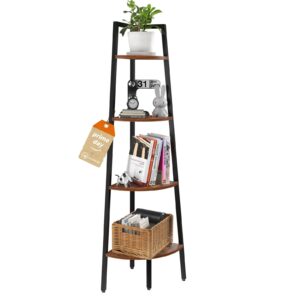 yoobure 4-tier corner bookshelf with metal frame - ladder display shelf for bedroom and living room, tall wood corner bookcase and plant stand