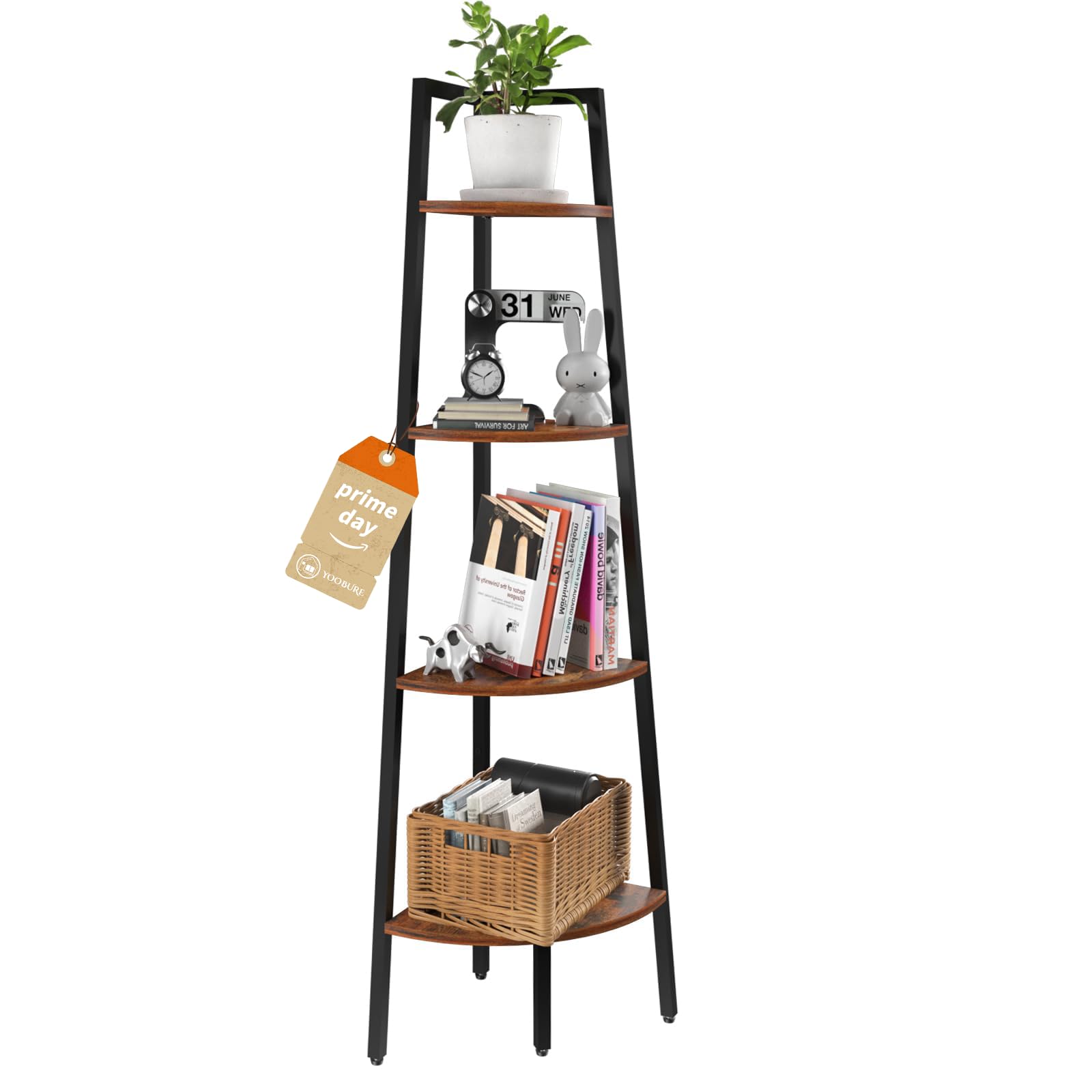 Yoobure 4-Tier Corner Bookshelf with Metal Frame - Ladder Display Shelf for Bedroom and Living Room, Tall Wood Corner Bookcase and Plant Stand