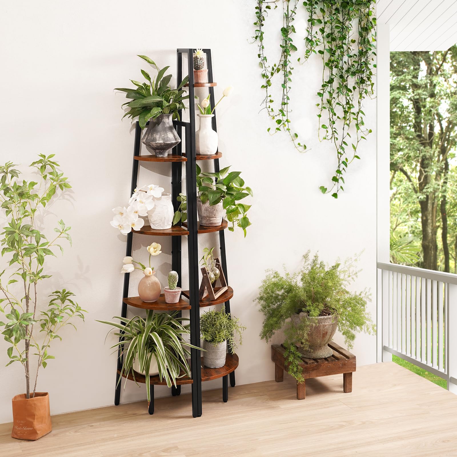 Yoobure 4-Tier Corner Bookshelf with Metal Frame - Ladder Display Shelf for Bedroom and Living Room, Tall Wood Corner Bookcase and Plant Stand