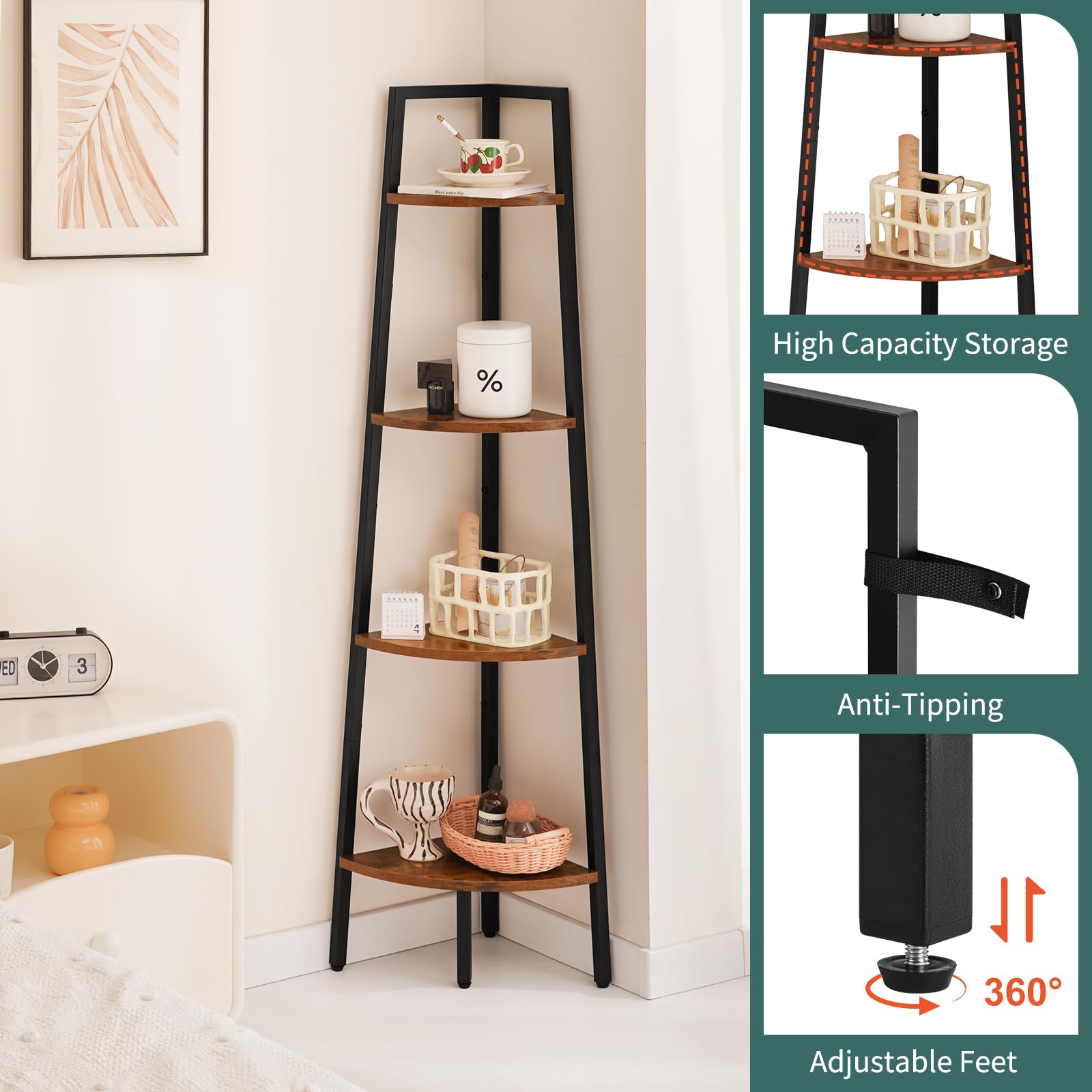 Yoobure 4-Tier Corner Bookshelf with Metal Frame - Ladder Display Shelf for Bedroom and Living Room, Tall Wood Corner Bookcase and Plant Stand