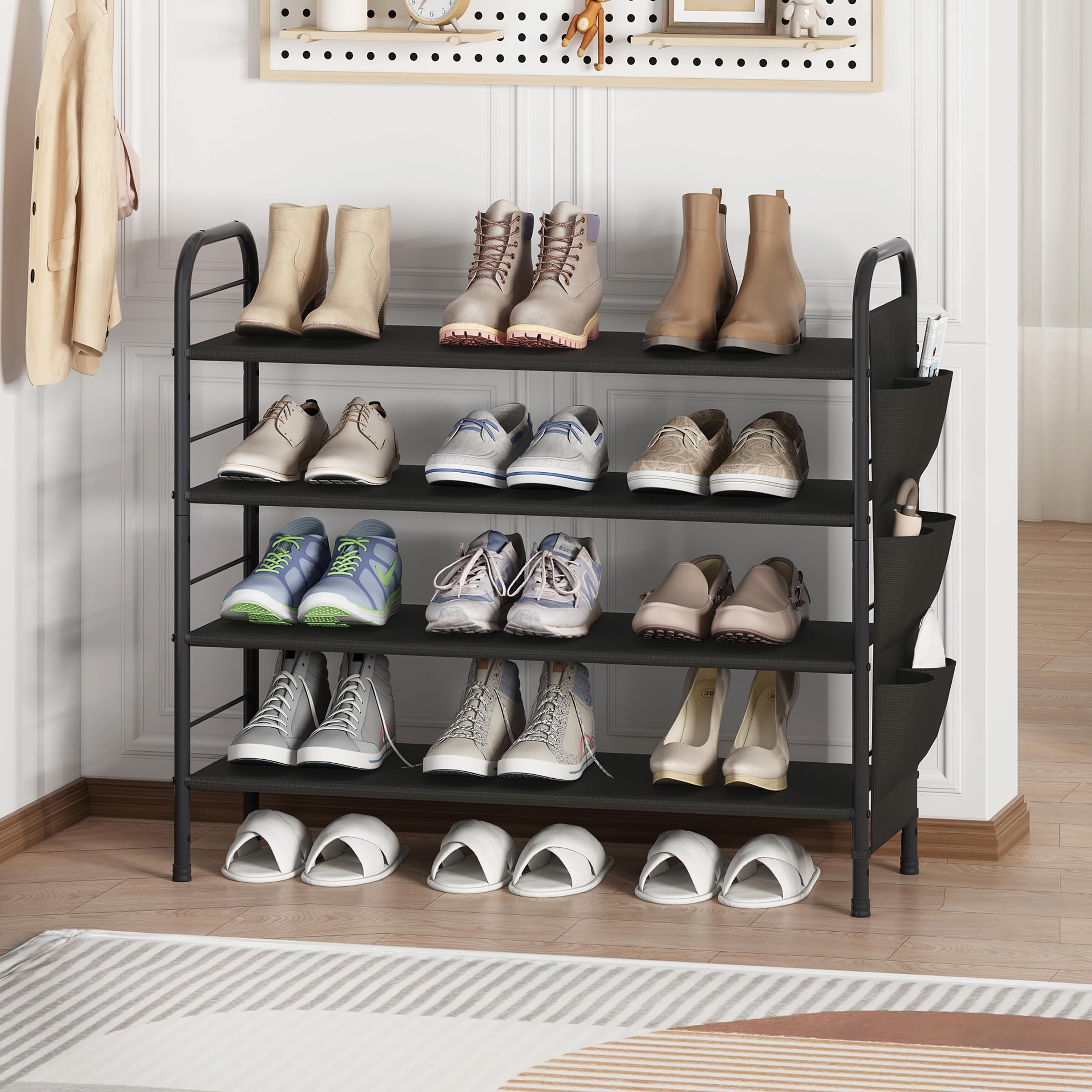 SUOERNUO Shoe Rack Storage Organizer 4 Tier Free Standing Metal Shoe Shelf Compact Shoe Organizer with Side Bag for Entryway Closet Bedroom,Black