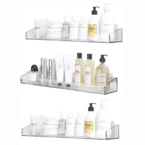 kataski 3 pack acrylic bathroom shelf, wall mounted no-drill thick clear storage and display shelf, 15.7inch