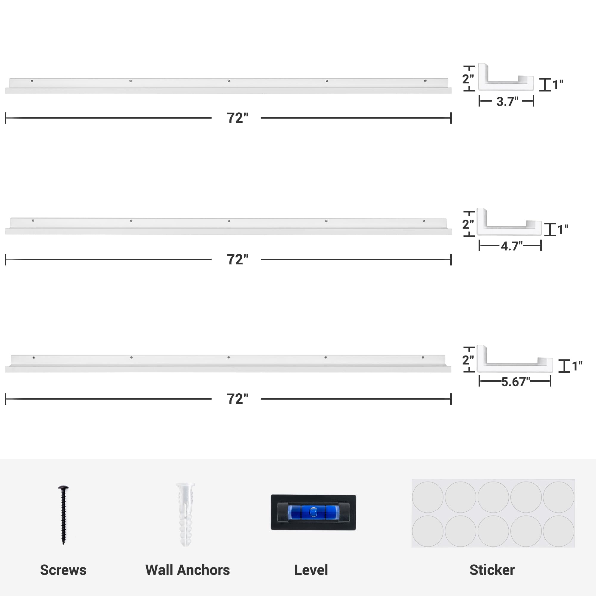 Axeman White Picture Ledge Shelf 72 Inches Long, Floating Shelves for Photo Frame Display, Wall Mounted Floating Shelves with Lip for Kids' Room, Living Room, Home Office - White