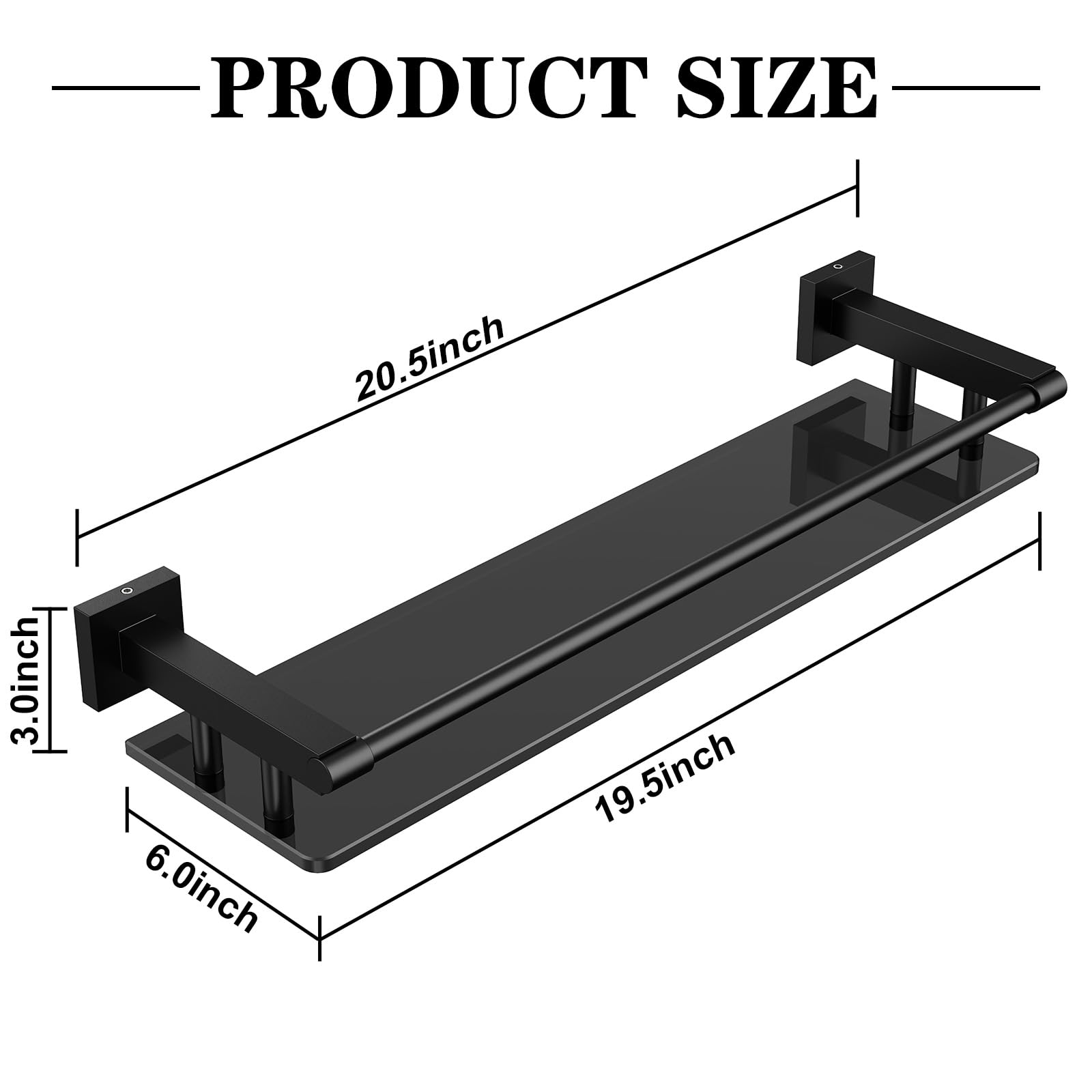 SFGSOWOR Bathroom Glass Shelf with Towel Bar/Rack 20 inches Wall-mounted Shelves Tempered Glass Sink Toilet Organizer Shower Towel Decorative Storage (Matte Black, 20‘’)