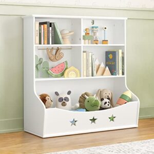 curipeer kids bookshelf, 3-shelf storage bookcase,large wooden open book shelf with 5 cube units, star pattern toy organizer and storage cabinet for playing room, nursery, baby's bedroom, white