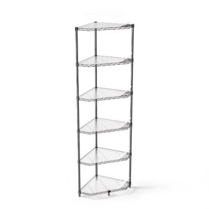 black pentagonal-shape 600lbs 6 tier corner shelf nsf metal wire shelving unit, adjustable, with leveling feet and waterproof shelf liners for garage, kitchen, and more - 20" l x 20" d x 72" h