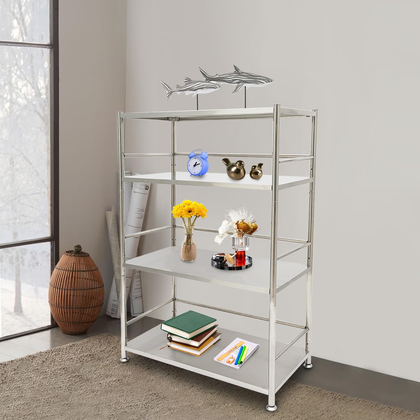 Stainless Steel Shelving 31.5x15.7x47.2 inch 4 Tier Adjustable Shelf Storage Unit, Heavy Duty Free Standing Mutifuctional Organizer Rack Shelf for Kitchen Commercial Office Garage Storage(4 Tier)