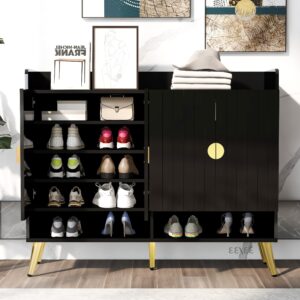 linique shoe storage cabinet with 10 tier shelf, modern shoe organizer with golden metal handle and legs, entryway shoe rack for living room bedroom, black, pvc surface