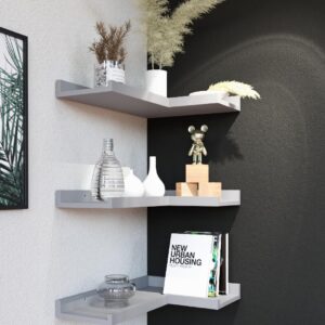 boswillon 3 tier corner floating shelves with protective lip, modern corner shelves wall mounted, corner ledge shelves for wall decor, grey shelves for living room, bedroom, bathroom - gray