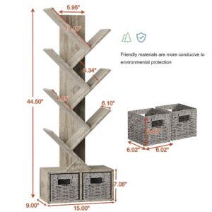 Vagusicc 6 Tier Tree Bookshelf - Retro Shelf Floor Standing Bookcase with Baskets, Tall Wood Book Storage Rack for Books/CDs, Tree Utility Book Organizer Shelves for Living Room, Home Office, Bedroom