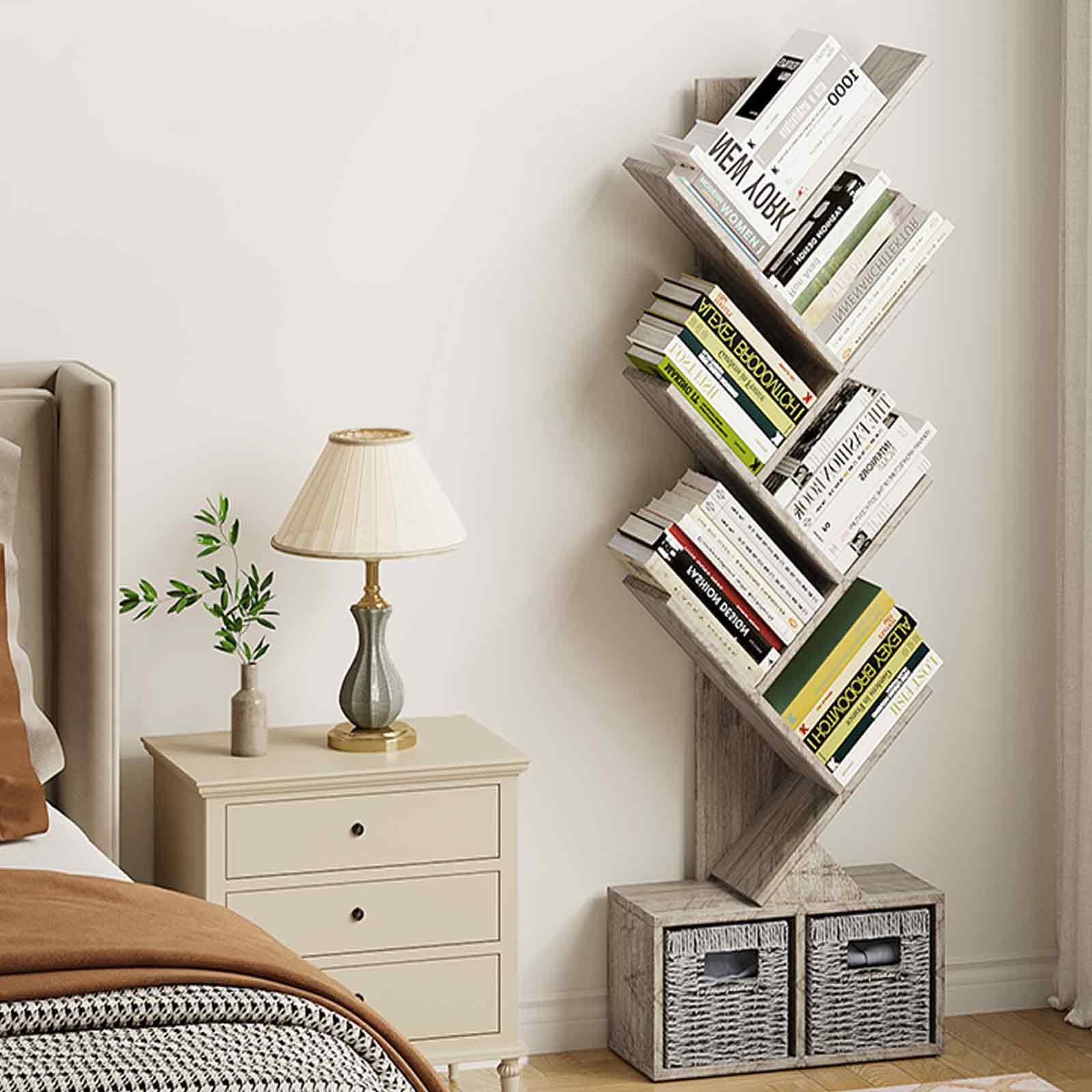 Vagusicc 6 Tier Tree Bookshelf - Retro Shelf Floor Standing Bookcase with Baskets, Tall Wood Book Storage Rack for Books/CDs, Tree Utility Book Organizer Shelves for Living Room, Home Office, Bedroom