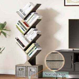 Vagusicc 6 Tier Tree Bookshelf - Retro Shelf Floor Standing Bookcase with Baskets, Tall Wood Book Storage Rack for Books/CDs, Tree Utility Book Organizer Shelves for Living Room, Home Office, Bedroom