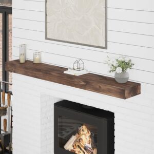 eshoma fireplace mantel, 60 inch handcrafted wood mantles with invisible heavy duty metal bracket, floating mantel shelf for wall decor, brown