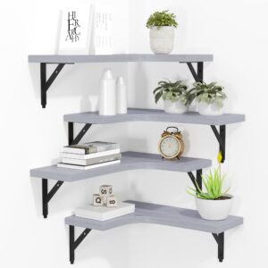 romguar craft corner floating shelves wall mounted set of 4, rustic wood storage display wall shelves for home decor, bathroom, kitchen, bedroom, living room, office (grey)