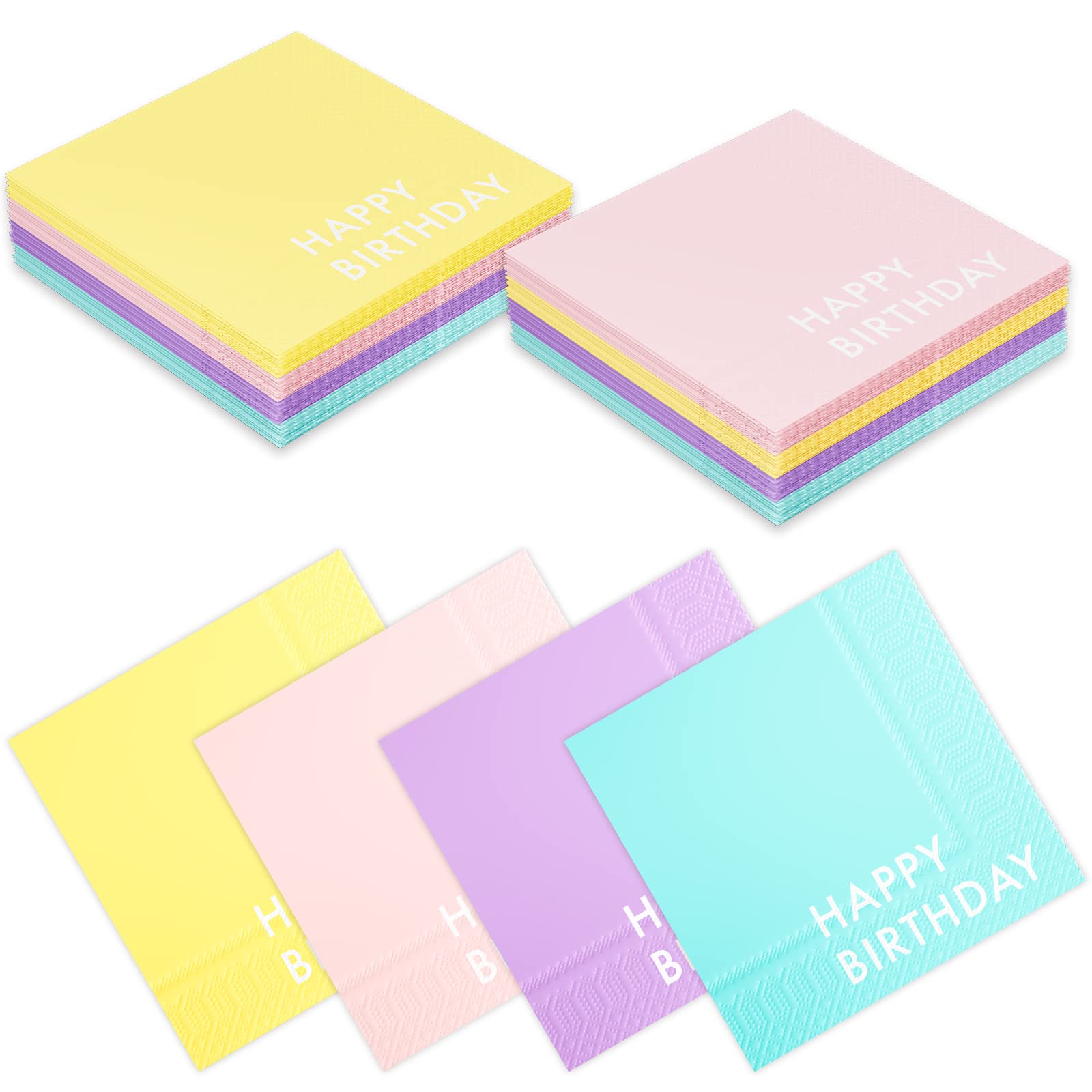 DYLIVeS Colorful Happy Birthday Napkins, 4-Multicolor Makaron Cocktail Napkins Yellow Pink Purple Blue Paper Napkins Disposable Rainbow Pastel Birthday Napkins for Girls Women Birthday Party, 48pcs