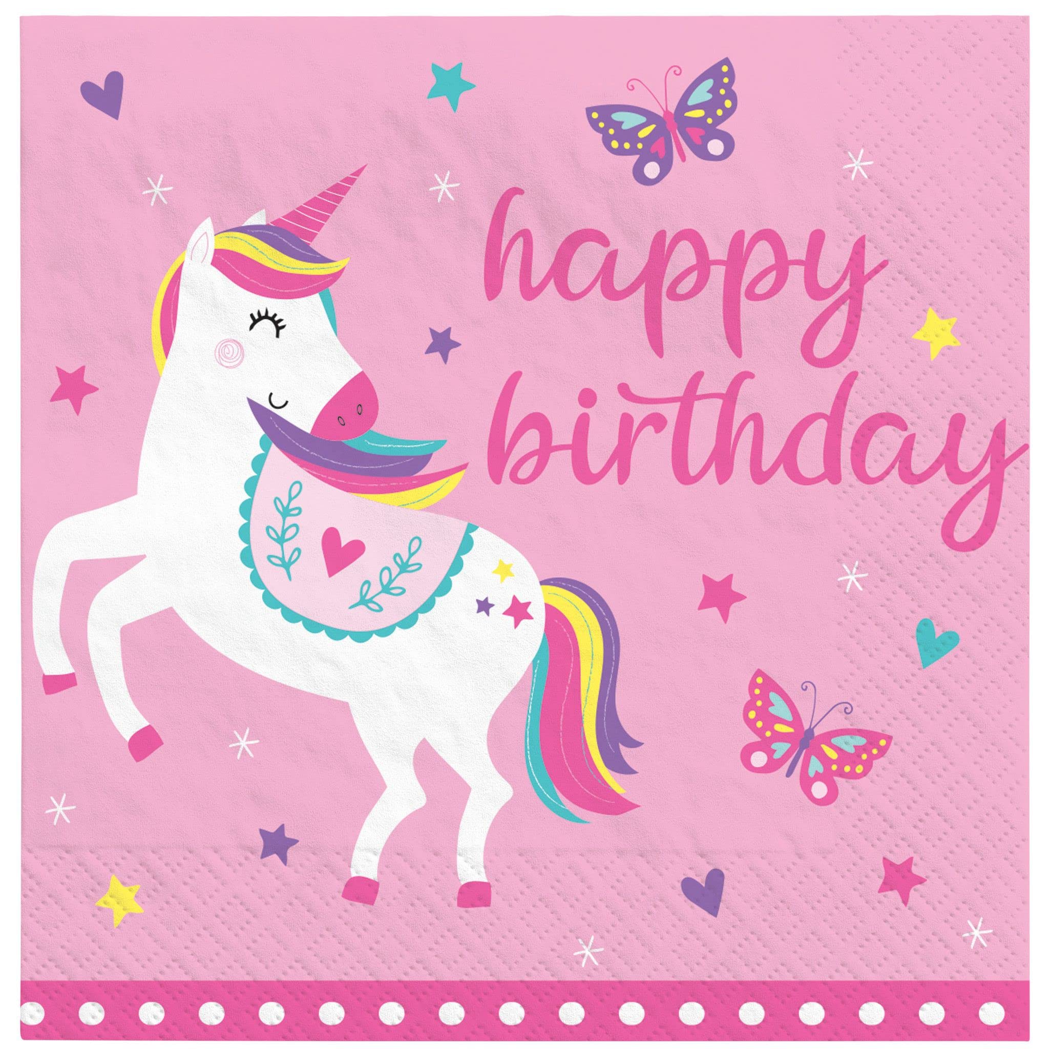 Unicorn Birthday Pink Napkins - Pack Of 16 - Adorable & Fun Design, Soft & Absorbent Paper Napkins - Perfect For Celebrations & Themed Parties, 6.5" x 6.5"