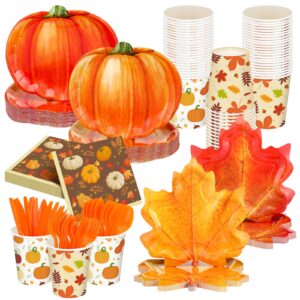 suttmin 350 pieces thanksgiving disposable dinnerware set, serves 50, thanksgiving paper plates pumpkin napkins fall cups cutlery for fall autumn harvest party decorations