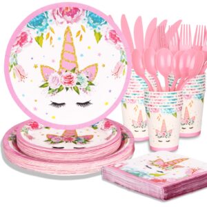 gudvilla birthday decorations for girls, 168 pcs pink birthday plates and napkins party supplies, girl birthday party plates for 1st 2nd 3rd 4th 5th girl birthday decorations, serves 24 guests