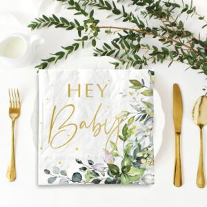 AnyDesign 80 Pack Greenery Baby Shower Napkins Hey Baby Luncheon Napkins 6.5 x 6.5 Inch Watercolor Leaf Disposable Paper Napkins Dessert Dinner Hand Napkin for Baby Shower Birthday Party Supplies