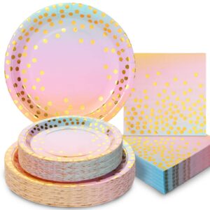 boocikey 150pcs pastel rainbow plates and napkins party supplies golden dot pastel paper plates disposable for 50 guests pastel rainbow party decorations for pastel party decorations