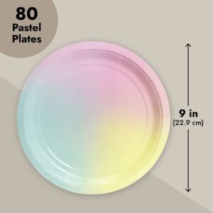 BLUE PANDA Rainbow Party Supplies, Pastel Paper Plates (9 in., 80 Pack)