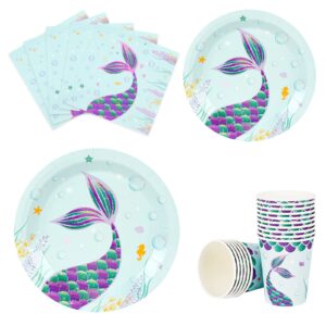 wernnsai mermaid party supplies set - mermaid party tableware kit include dinner dessert plates cups napkins for girls birthday baby shower disposable mermaid dinnerware pack serves 16 guests 64pcs