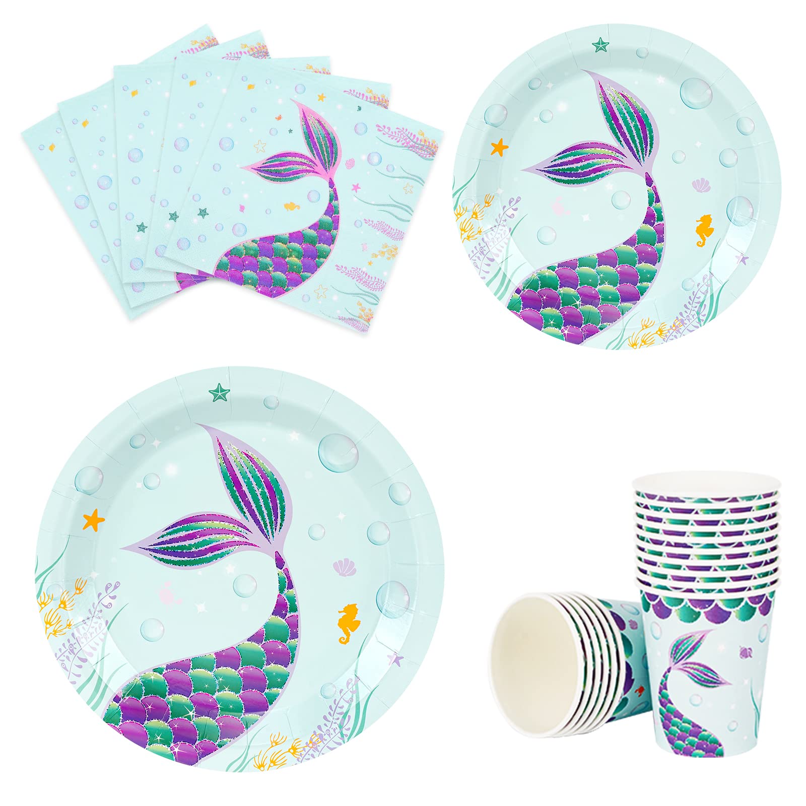 WERNNSAI Mermaid Party Supplies Set - Mermaid Party Tableware Kit Include Dinner Dessert Plates Cups Napkins for Girls Birthday Baby Shower Disposable Mermaid Dinnerware Pack Serves 16 Guests 64PCS