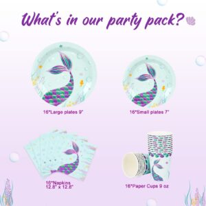 WERNNSAI Mermaid Party Supplies Set - Mermaid Party Tableware Kit Include Dinner Dessert Plates Cups Napkins for Girls Birthday Baby Shower Disposable Mermaid Dinnerware Pack Serves 16 Guests 64PCS