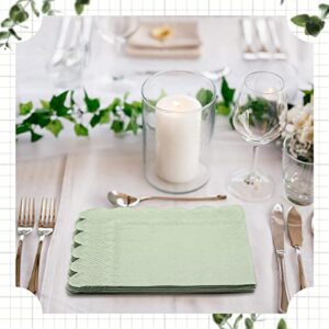 100 Pcs Scalloped Edged Cocktail Napkins Sage Green Square 3 Ply Paper Napkins Disposable Scalloped Napkins for Birthday Wedding Party, 5 x 5 Inch Folded