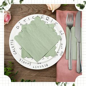 100 Pcs Scalloped Edged Cocktail Napkins Sage Green Square 3 Ply Paper Napkins Disposable Scalloped Napkins for Birthday Wedding Party, 5 x 5 Inch Folded