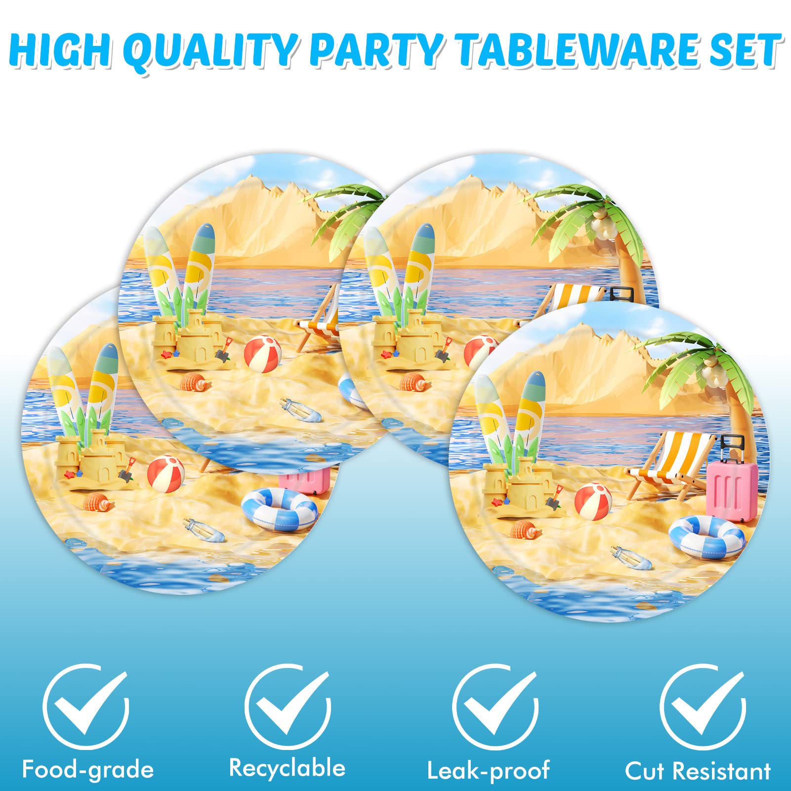 40PCS Beach Theme Party Supplies Beach Theme Pool Birthday Party Supplies Summer Dinnerware tableware Include Paper Plates Napkins For Kid Summer Holidays Party Hawaiian Luau Party