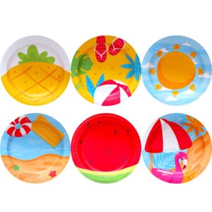 paper plates - 60-count small disposable colorful cute summer party plates in 6 assorted summer theme designs - beach party supplies for pool birthday, dessert, tea party - 8" x 8"