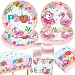 summer pool party decorations- 121pcs pink pool plates and napkins set beach party cups tablecloths flamingos unicorns for kids boys girls luau hawaiian summer theme birthday party supplies 30 guest