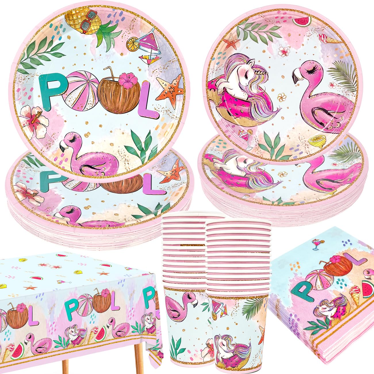 Summer Pool Party Decorations- 121PCS Pink Pool Plates and Napkins Set Beach Party Cups Tablecloths Flamingos Unicorns for Kids Boys Girls Luau Hawaiian Summer Theme Birthday Party Supplies 30 Guest