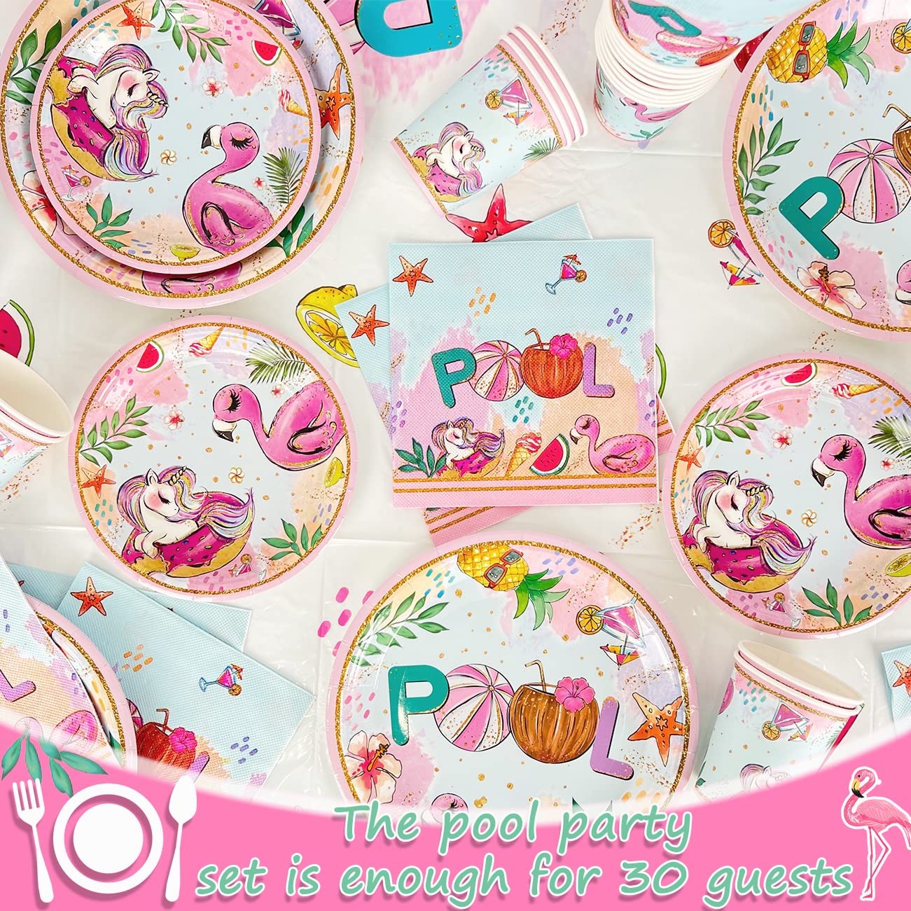 Summer Pool Party Decorations- 121PCS Pink Pool Plates and Napkins Set Beach Party Cups Tablecloths Flamingos Unicorns for Kids Boys Girls Luau Hawaiian Summer Theme Birthday Party Supplies 30 Guest