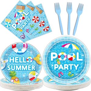 96 pieces pool party tableware set for summer beach table decorations supplies beach ball birthday dessert plates summer pool party napkins forks for 24 guests hawaiian pool birthday party favors