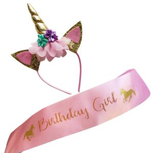 unicorn birthday girl set of gold glitter unicorn headband and pink satin sash for girls with ebook included,happy birthday unicorn party supplies, favors and decorations - 2022 new.