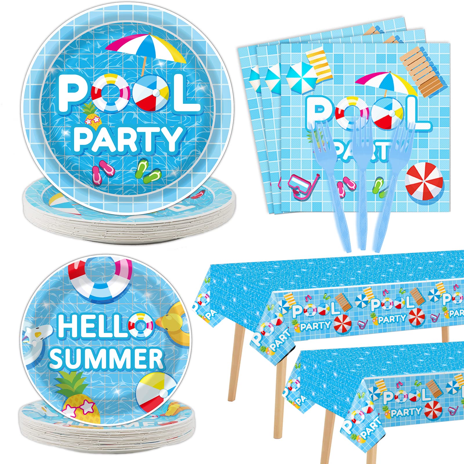 98 Pieces Pool Party Decorations Summer Beach Birthday Party Tablecloths Pool Surfboard Party Tableware Sets for Hawaiian Birthday Baby Shower Party Supplies Favors