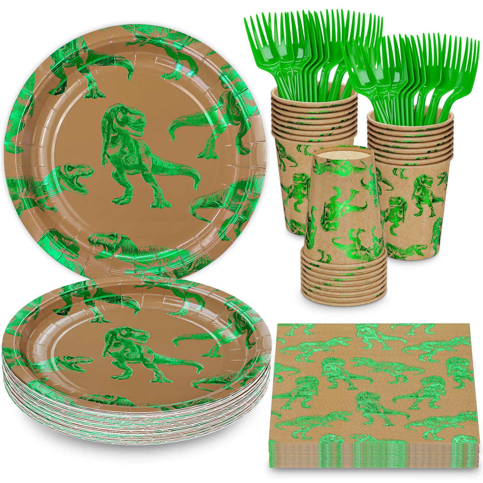 DYLIVeS Green Foil Dinosaur Birthday Party Decorations,Rawr Dinosaur Disposable Tableware Set Dinosaur Rex Party Supplies for Boys, 9'' Dinosaur Dinner Plates and Napkins Cups Forks Set, Serves 24